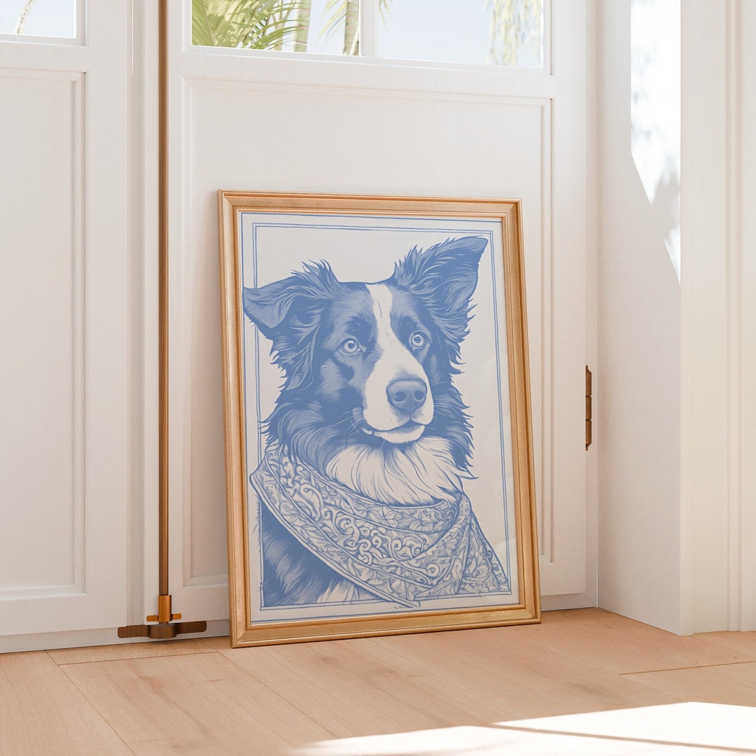 Blue Willow Border Collie Art Print: Delft Blue Dog Portrait (digital ...