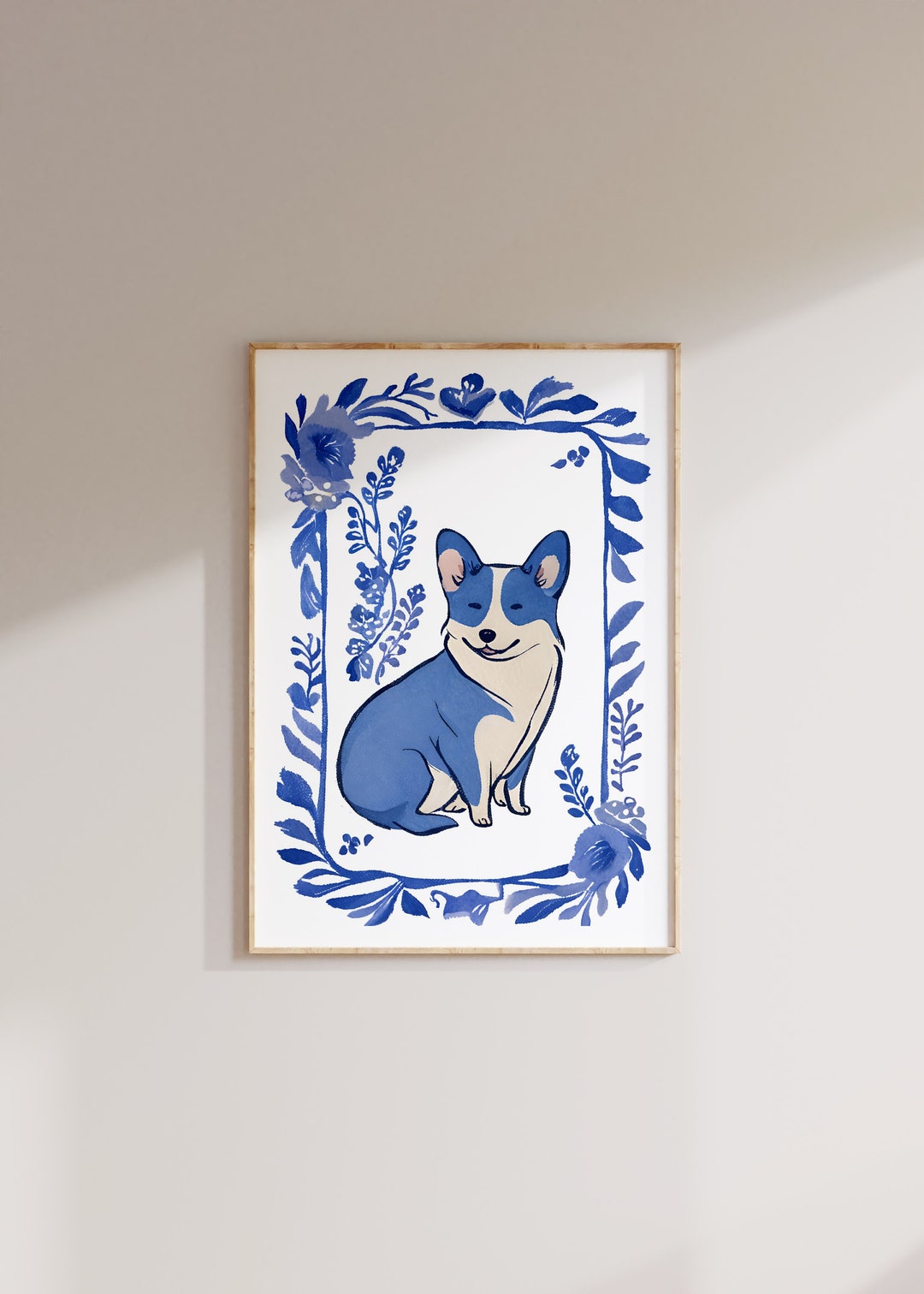 Blue Willow Corgi Print: Coastal Watercolor Dog Portrait (digital ...