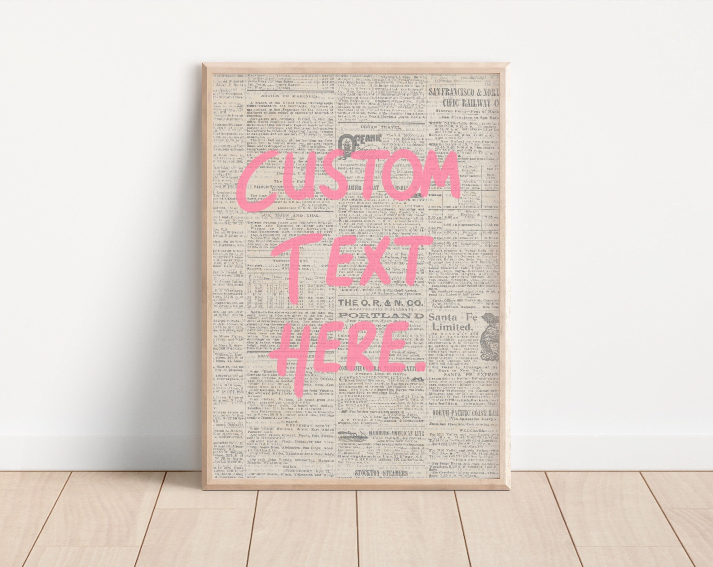 Pink Newspaper Custom Text Print: Coastal Cowgirl Wall Art (digital ...