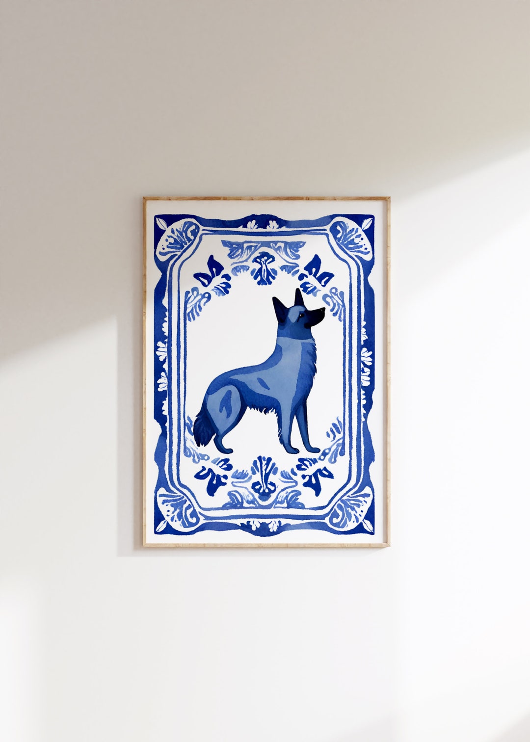 Blue Willow German Shepherd Print: Delft Blue Watercolor (digital ...