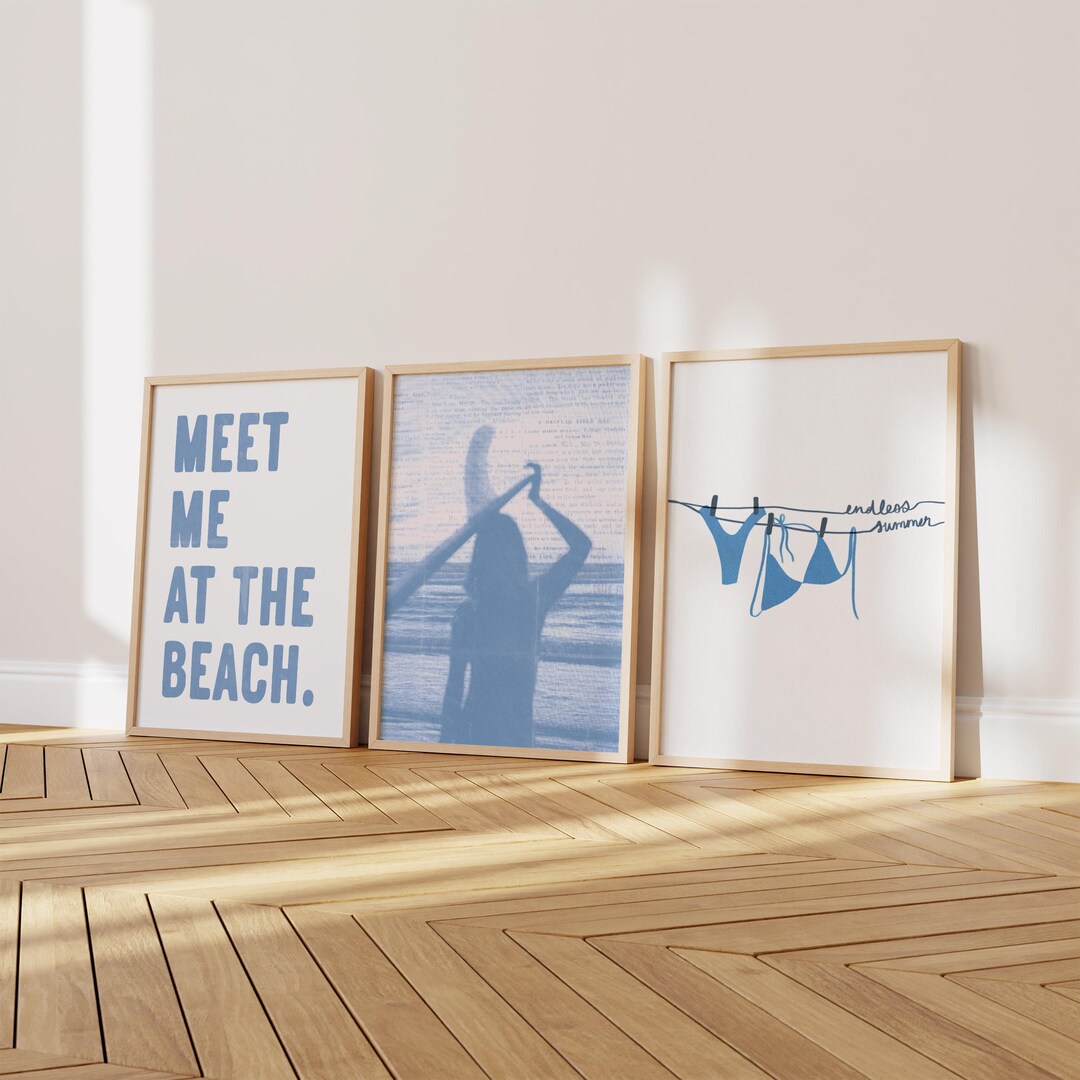 Meet Me at the Beach Set of 3 Prints White and Light Blue Coastal Print ...