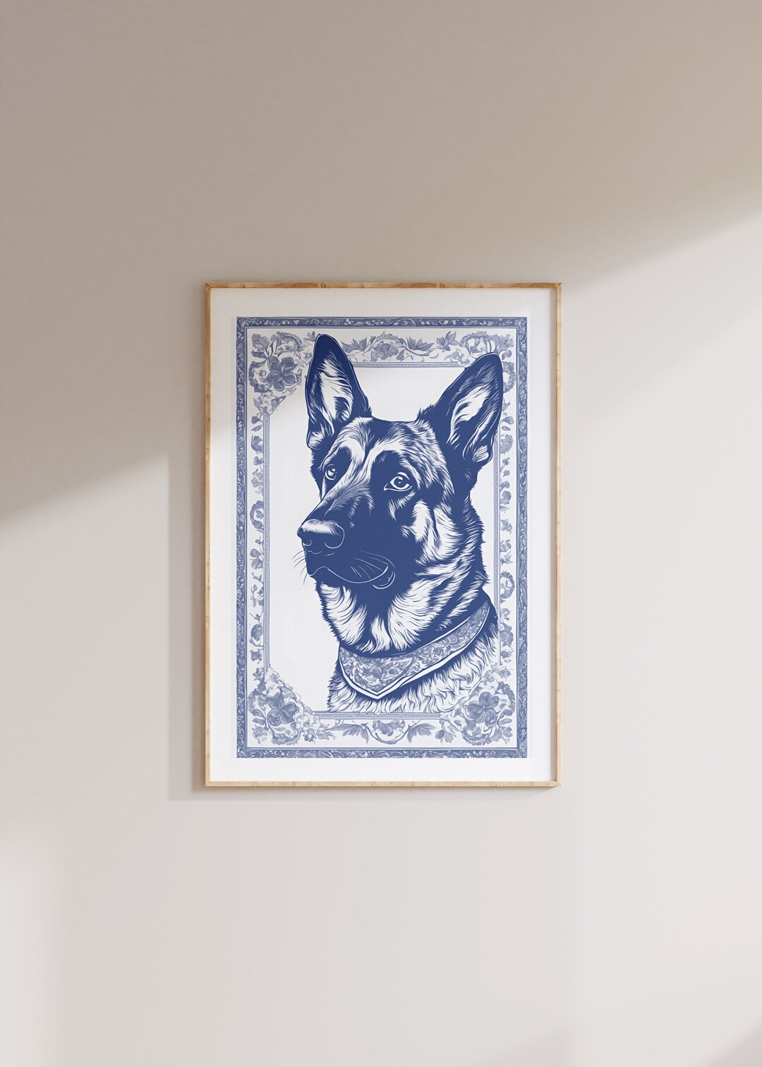Blue Willow German Shepherd Print: Delft Blue Dog Portrait (digital ...
