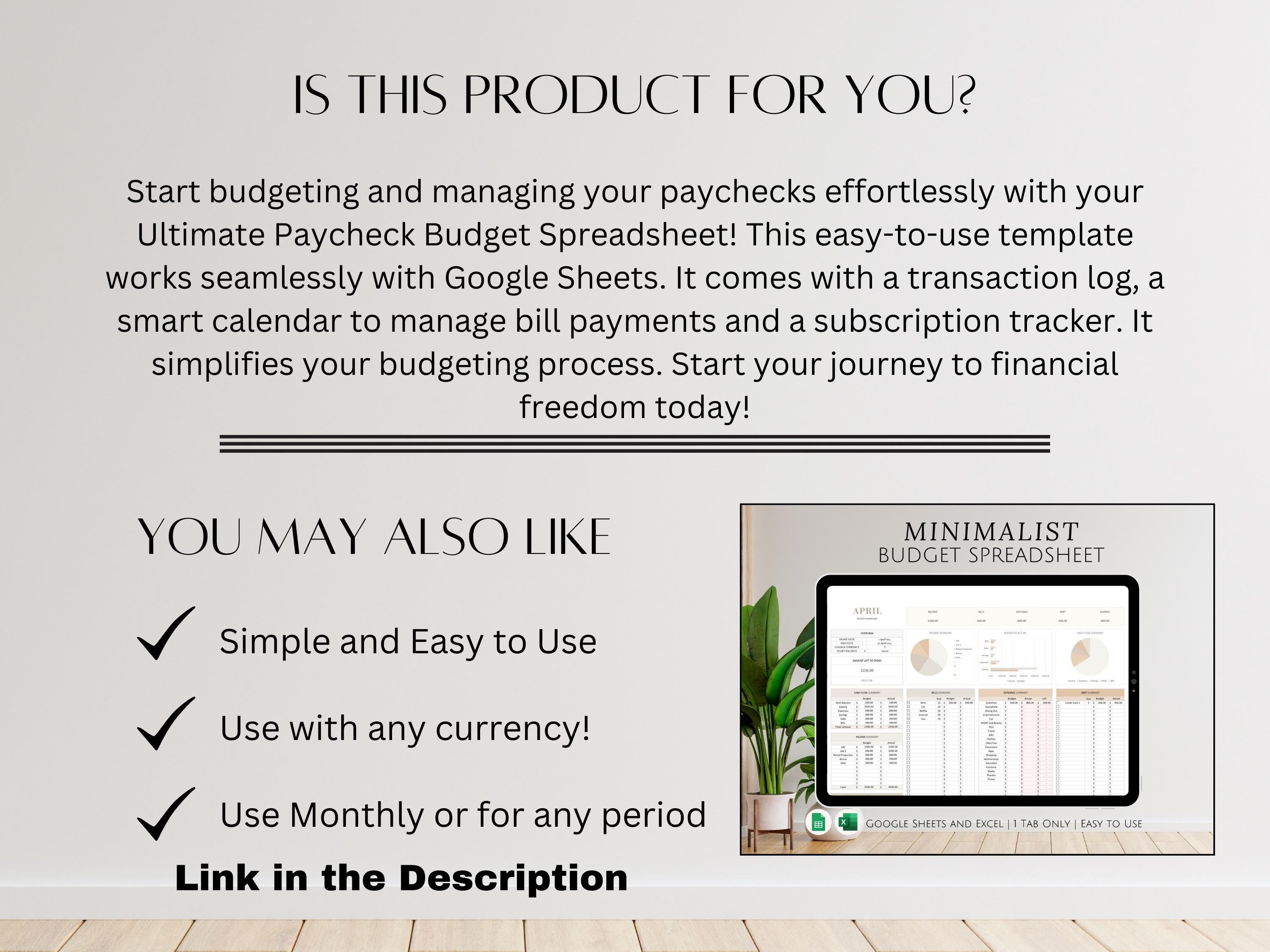 Ultimate Minimalist Paycheck Budget Google Sheets Spreadsheet for ...