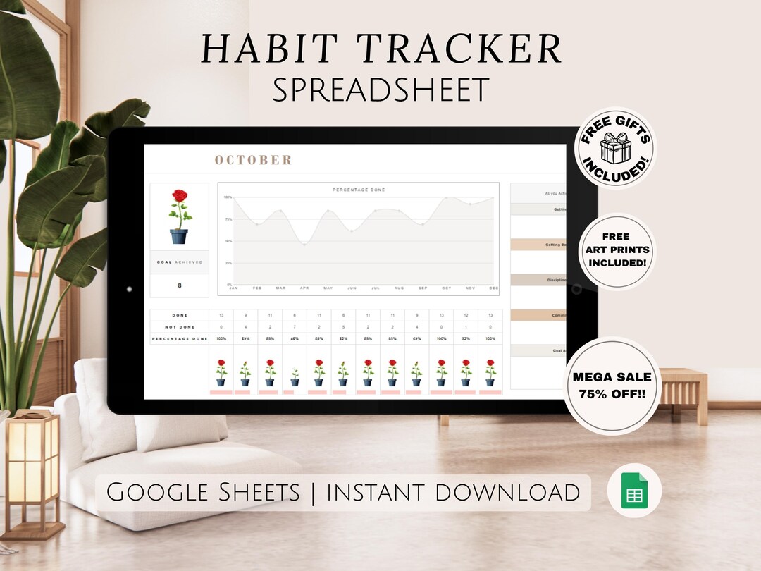 Google Sheets Habit Goal Tracker Spreadsheet Daily Self-improvement ...