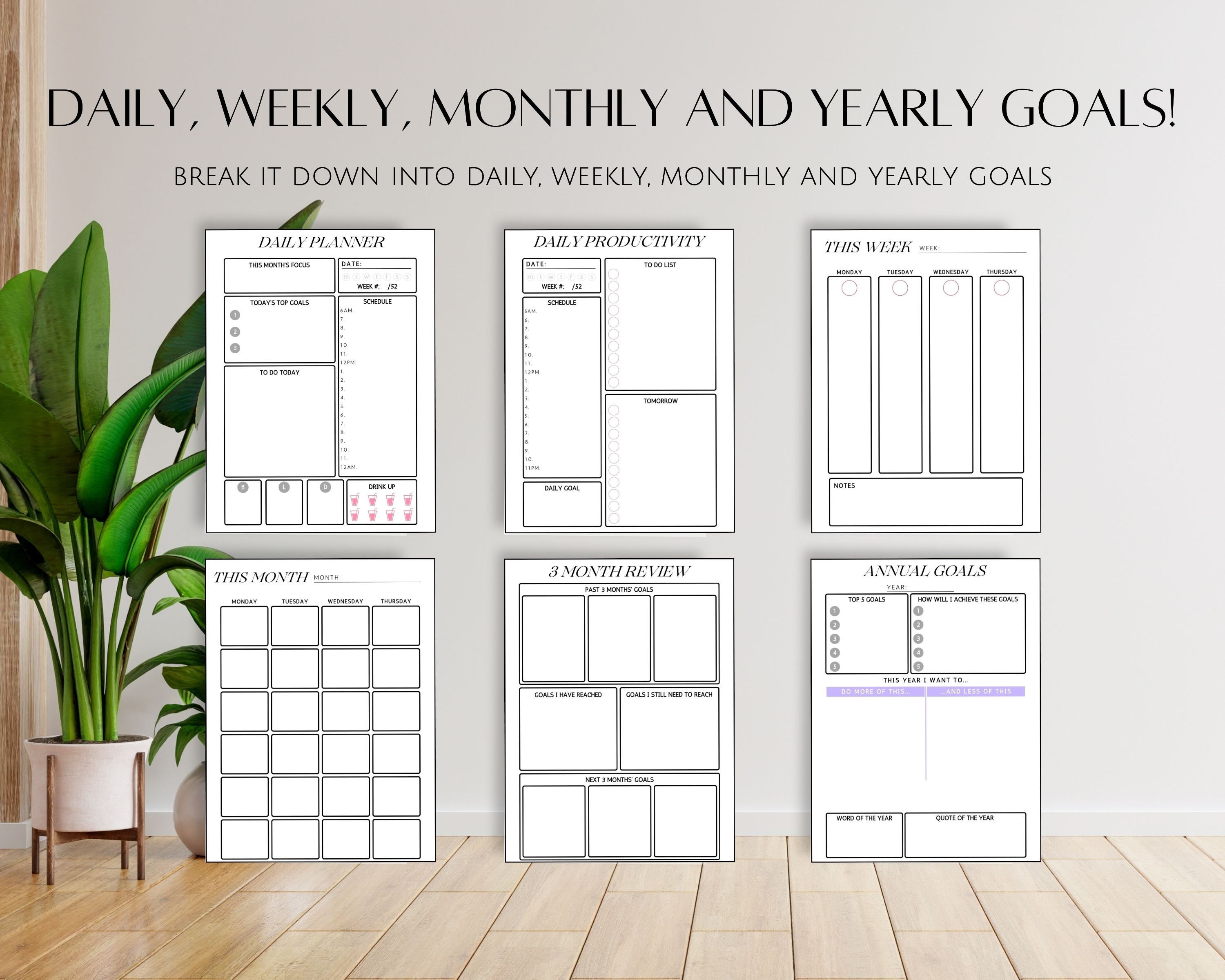 Printable Fillable Goal Planner Bundle, Daily Weekly Monthly Yearly ...