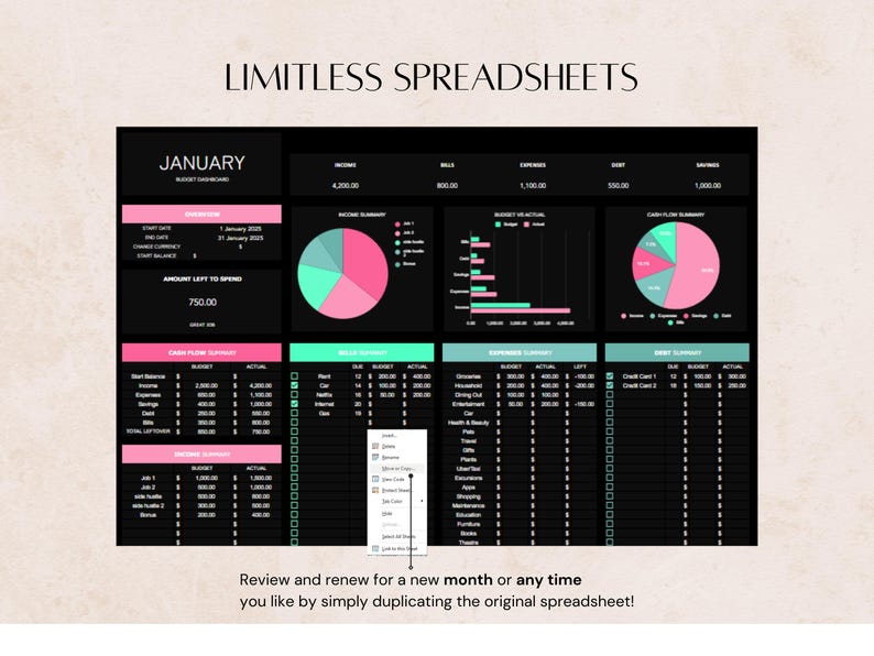 Dark Mode Excel and Google Sheets Budget Planner, Beginners Monthly ...