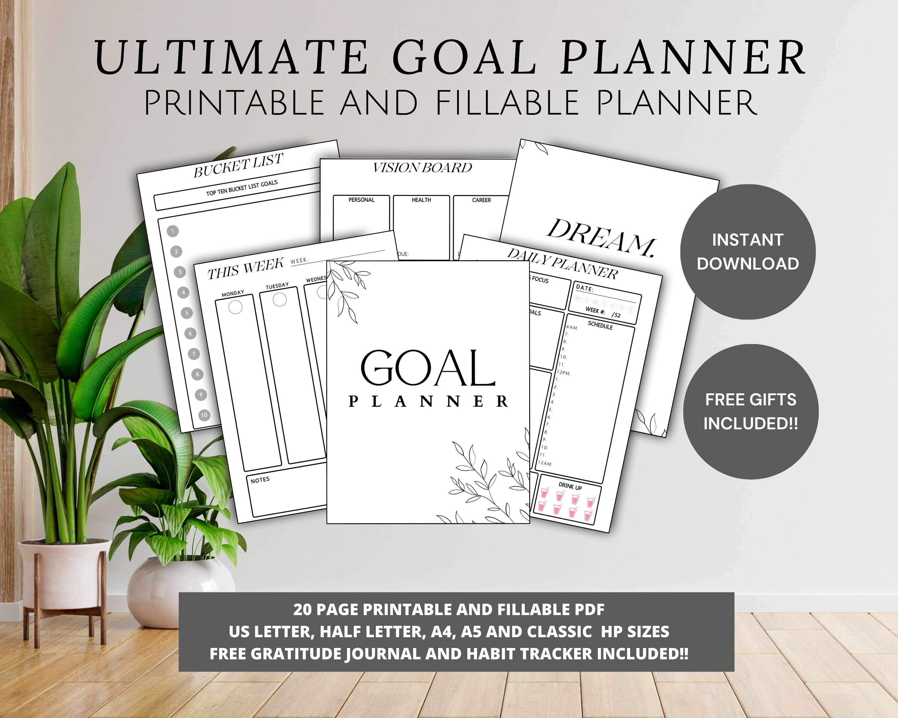 Printable Fillable Goal Planner Bundle, Daily Weekly Monthly Yearly ...
