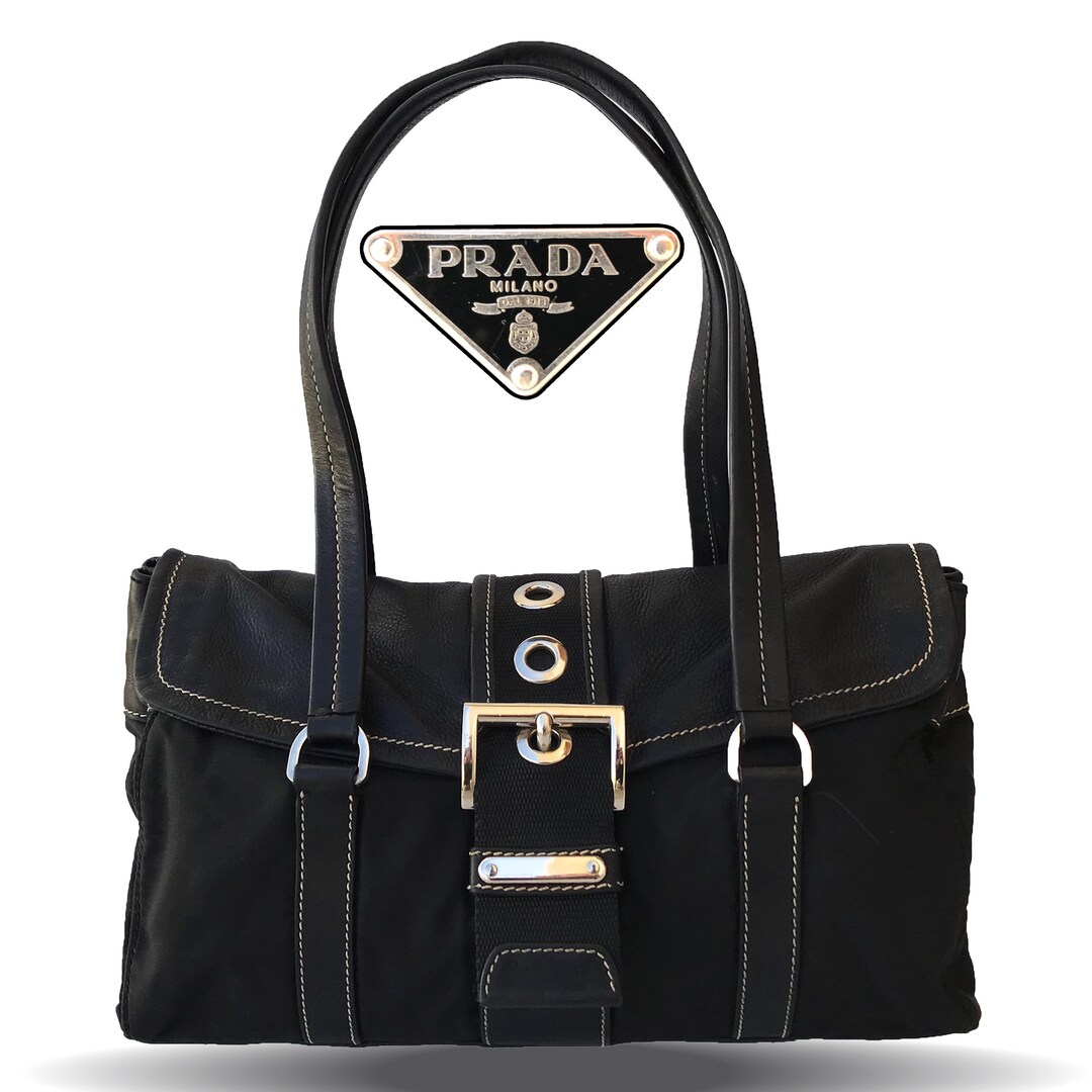Vintage Prada Women's Luxury Shoulder Bag Black Leather Nylon Purse ...