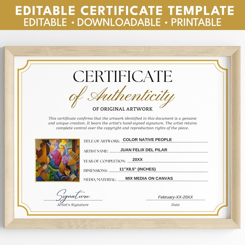 Editable Artist Certificate of Authenticity Template, Printable COA ...