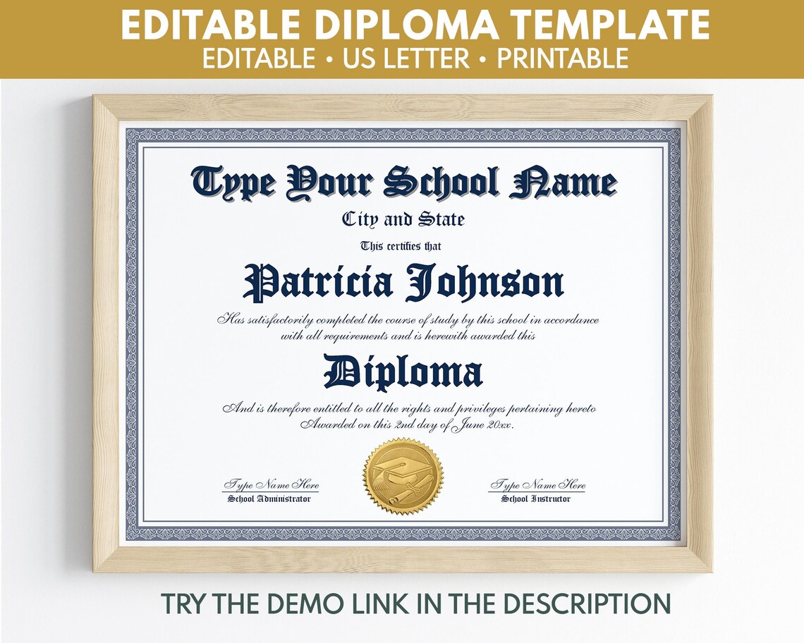 Editable High School Diploma, Certificate Template, Custom GED Diploma ...