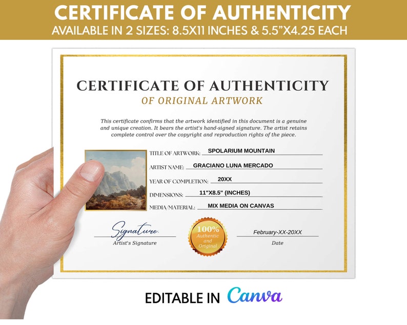 Artwork Certificate of Authenticity Template, Artist COA (canva ...