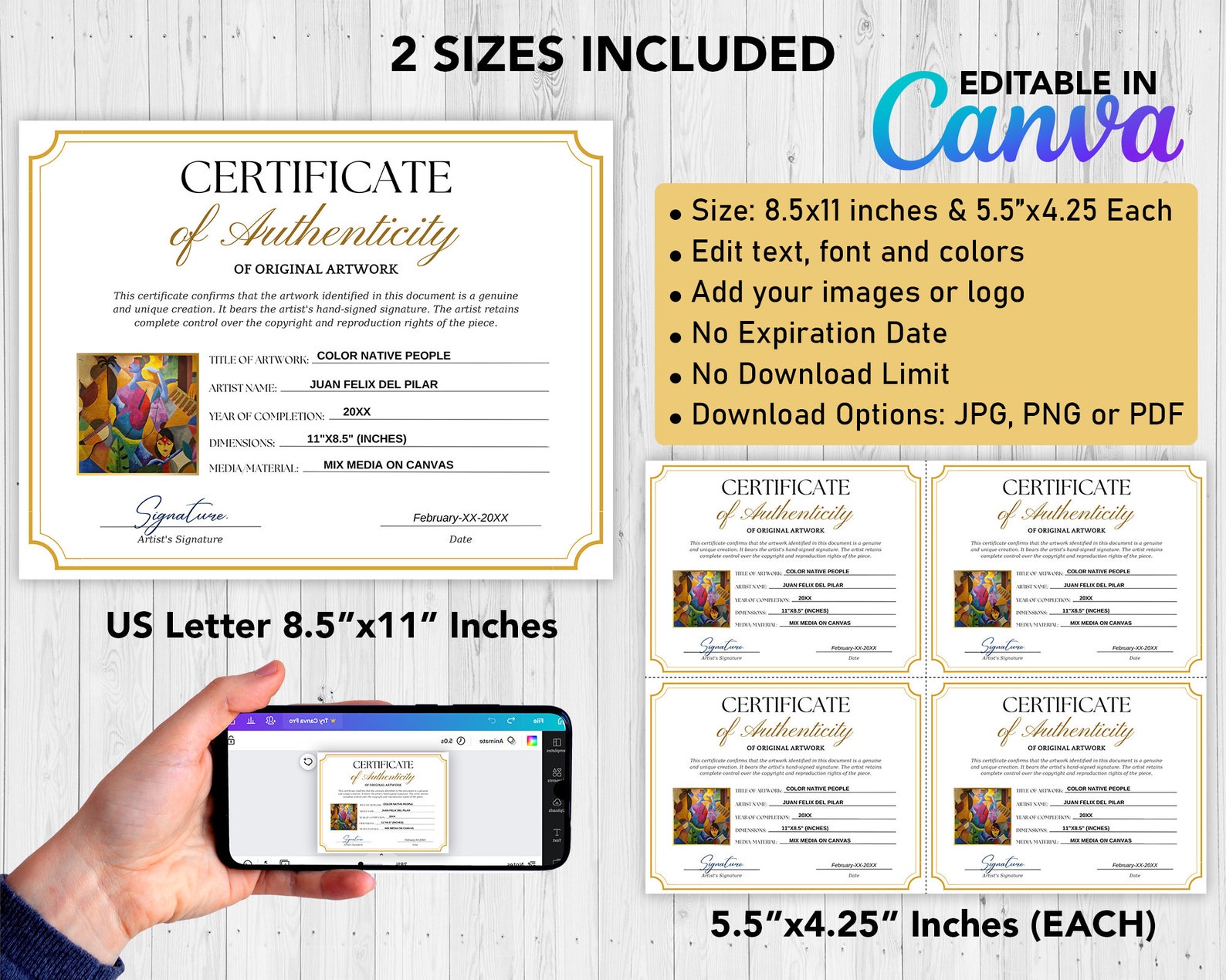 Editable Artist Certificate of Authenticity Template, Printable COA ...