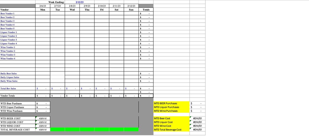 Daily Beverage Cost Tracker Template | Vendor Invoices | Daily Sales ...