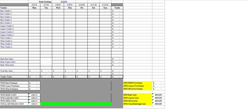 Daily Beverage Cost Tracker Template | Vendor Invoices | Daily Sales ...