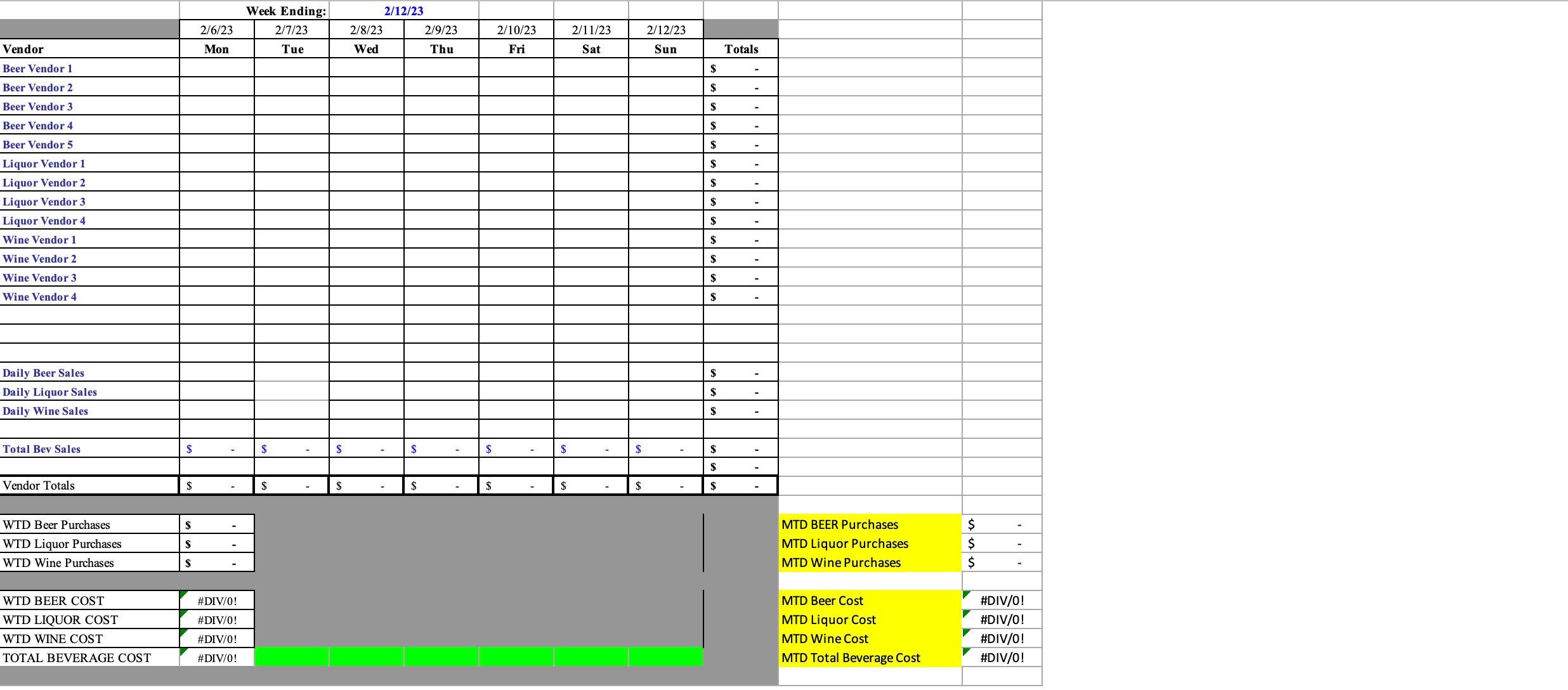 Daily Beverage Cost Tracker Template | Vendor Invoices | Daily Sales ...