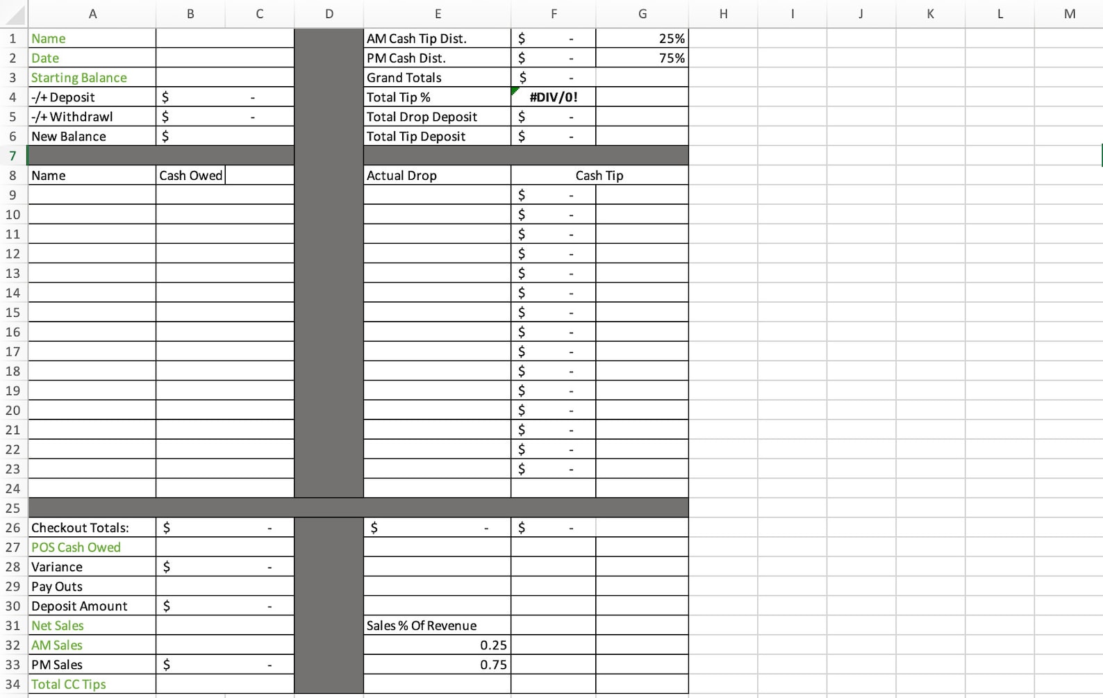 Daily Cash Tip Checkout Template | Bar & Restaurant Tip Out Tracker ...
