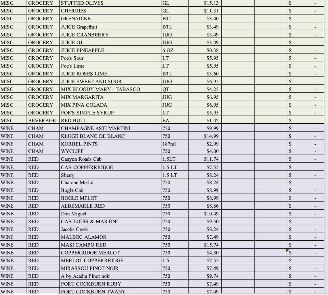 Monthly Bar Inventory Excel Template | Beverage Cost Analysis | Beer ...