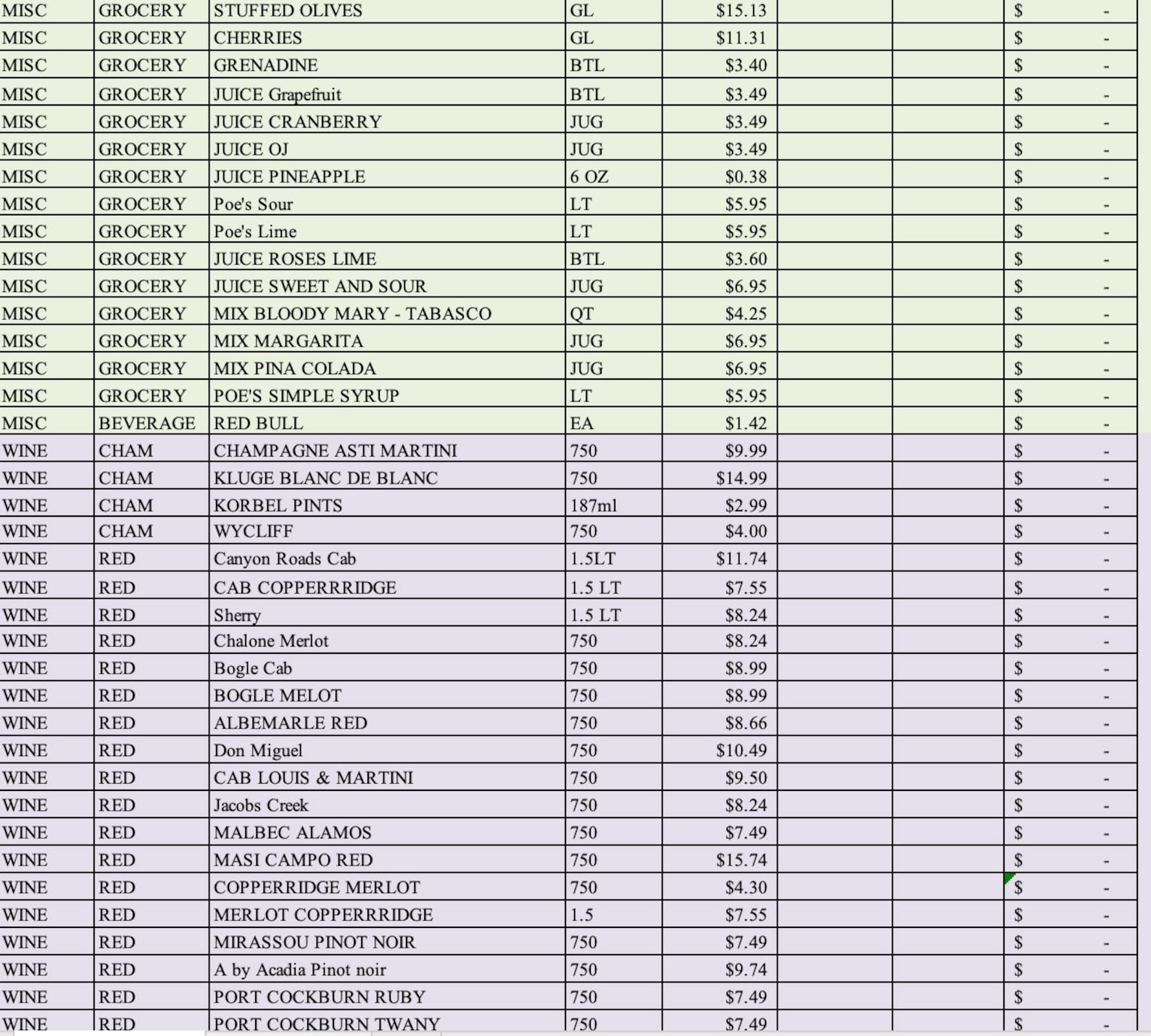 Monthly Bar Inventory Excel Template | Beverage Cost Analysis | Beer ...