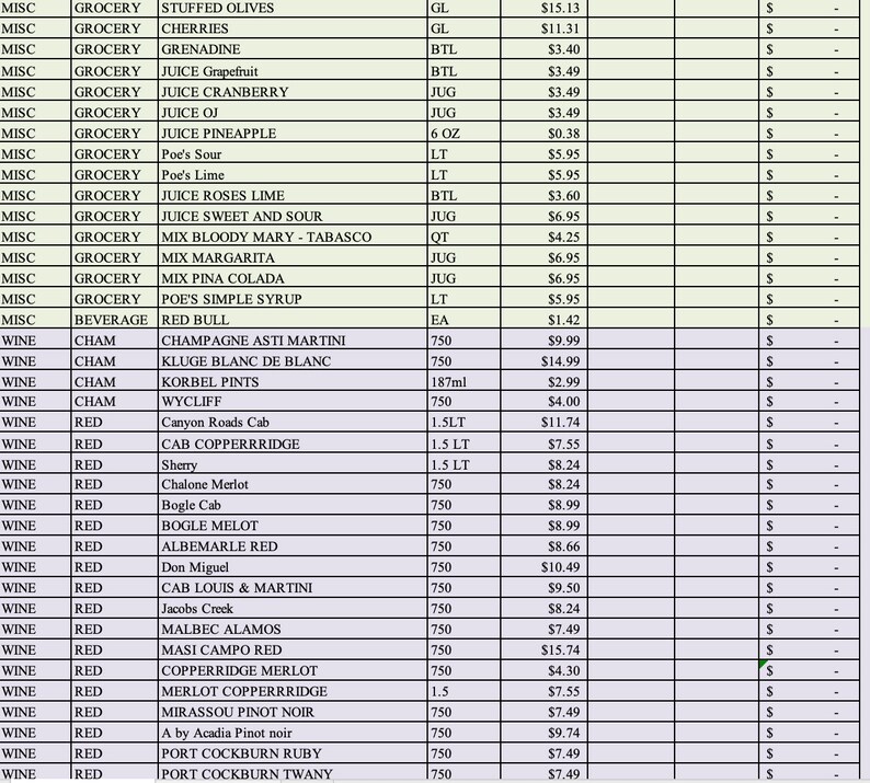 Monthly Bar Inventory Excel Template Beverage Cost Analysis Beer Wine 