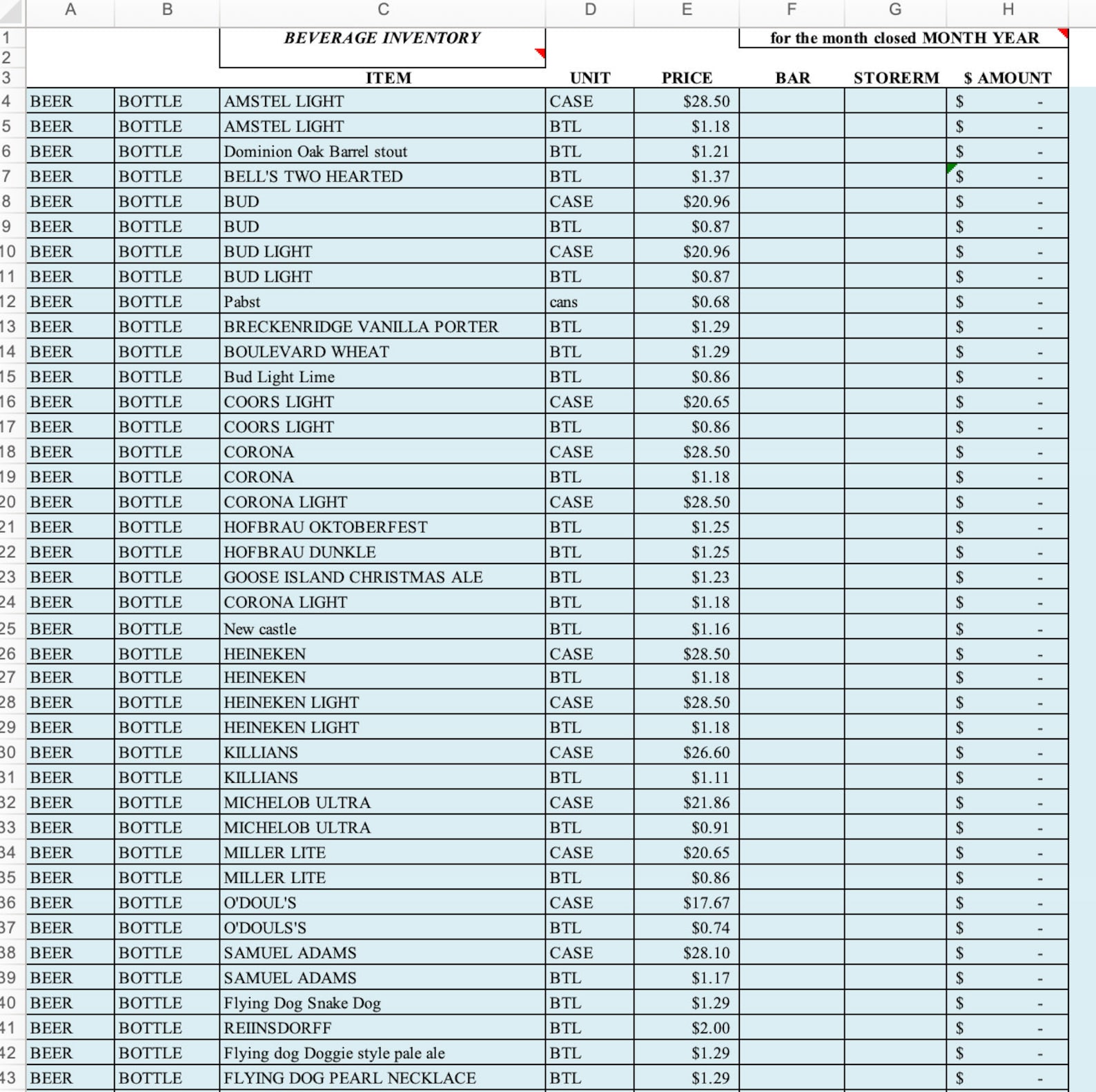 Monthly Bar Inventory Excel Template | Beverage Cost Analysis | Beer ...
