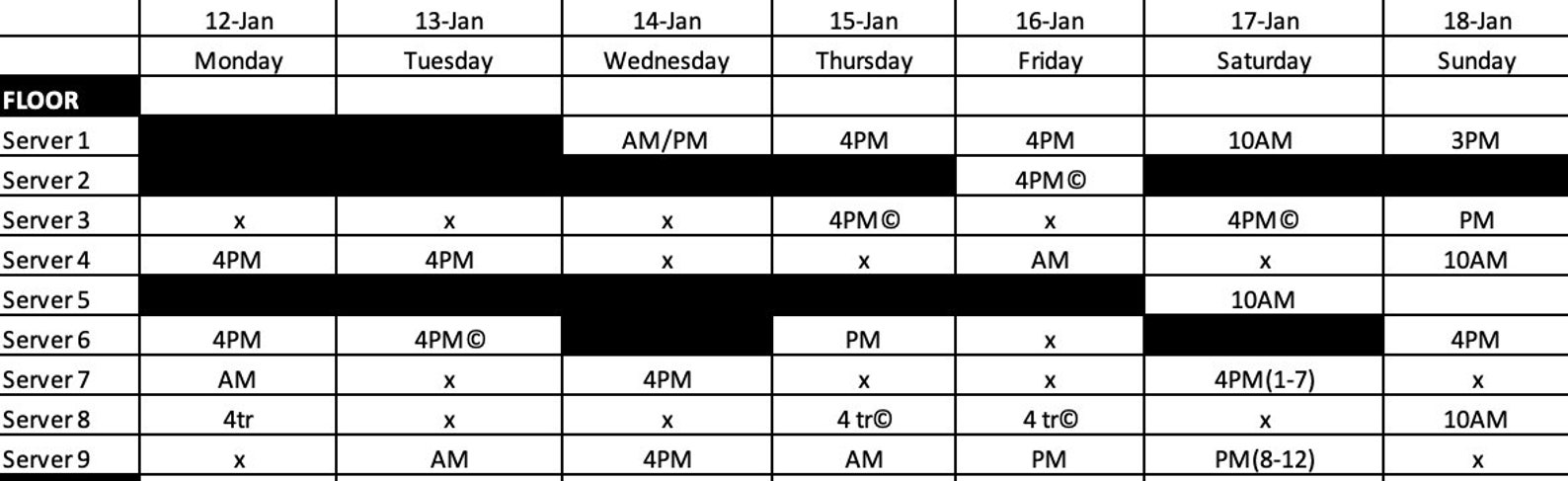 Restaurant Schedule Template | Excel Spreadsheet for Bar and Restaurant ...