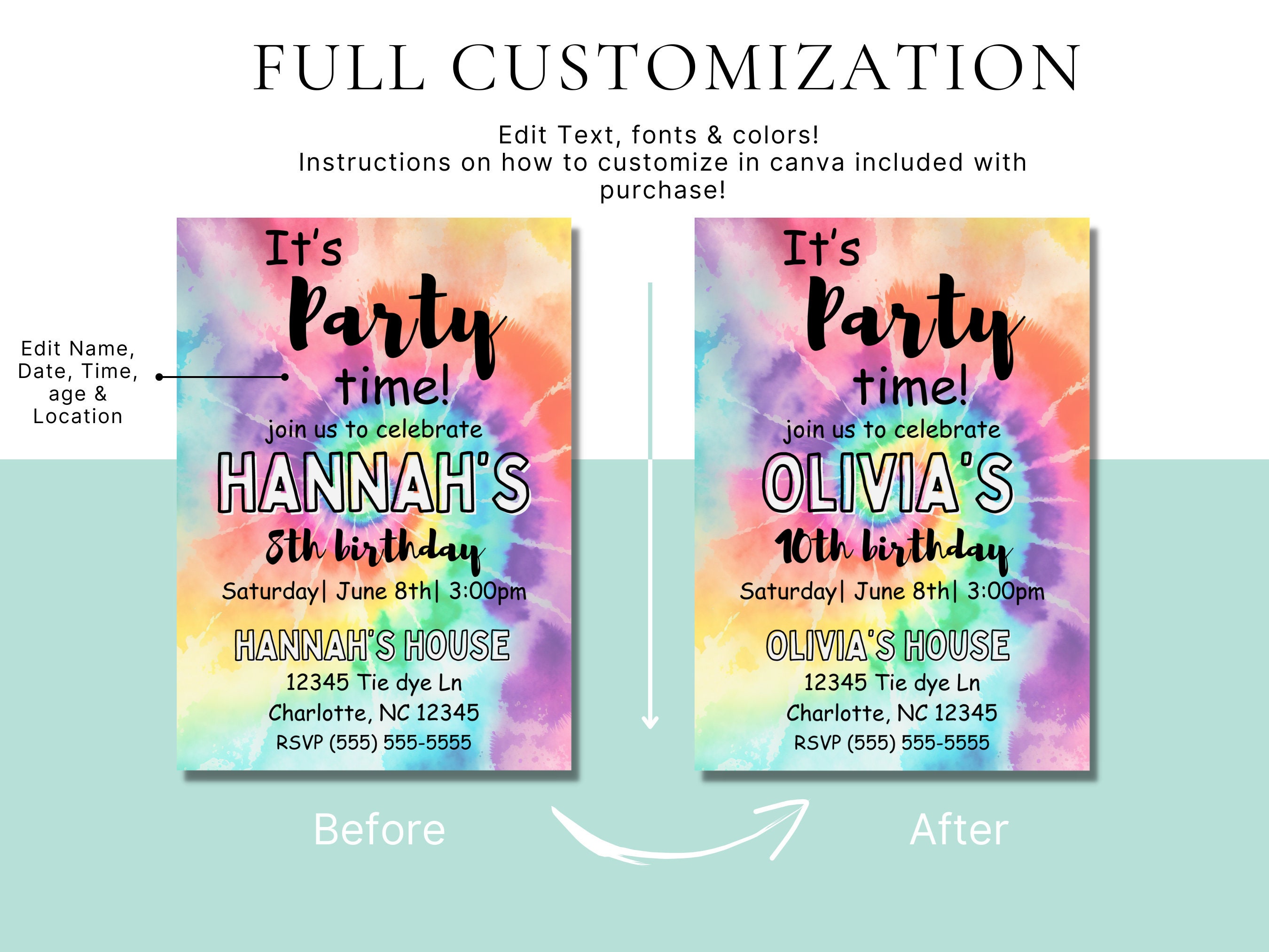 EDITABLE, Tie Dye Party, Tie Dye Birthday Invitation, Rainbow Birthday ...