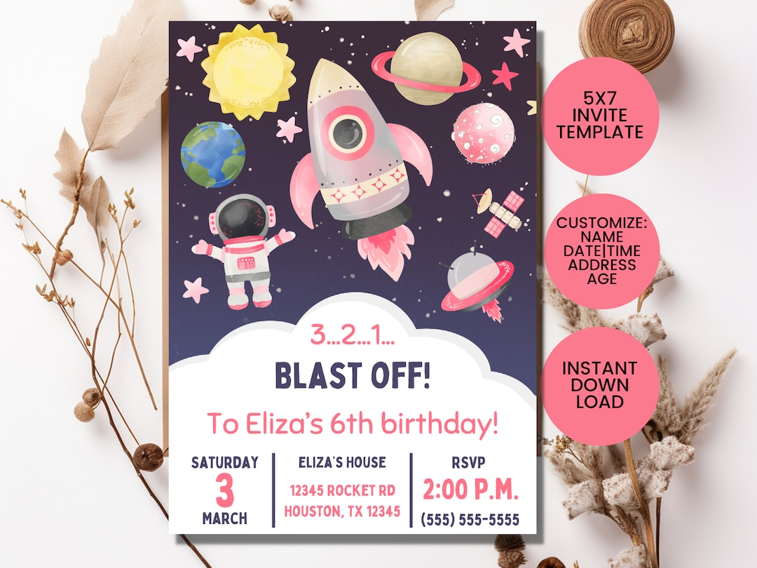 Pink Rocket Birthday Invitation: Girl Galaxy Theme Party (5x7 Template ...