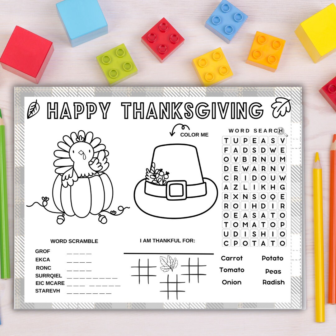 Thanksgiving Coloring Sheets, Printable Placemat, Activity Mat, Fall ...