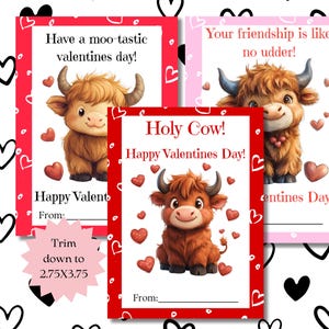 Highland Cow Valentine's Day Cards: Kids Classroom Valentines (PDF) - Etsy
