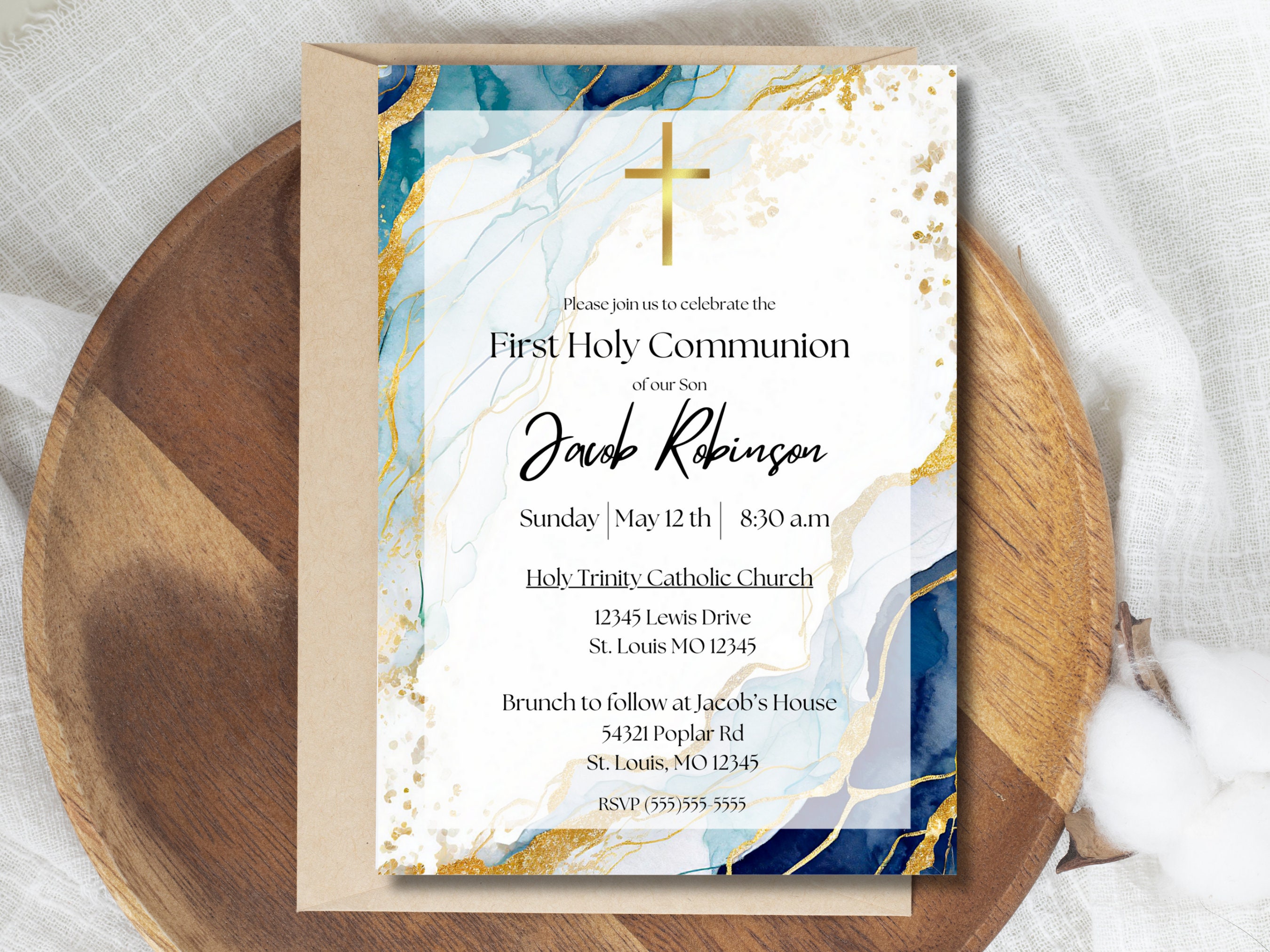 Blue and Gold First Holy Communion Invite, First Holy Communion ...