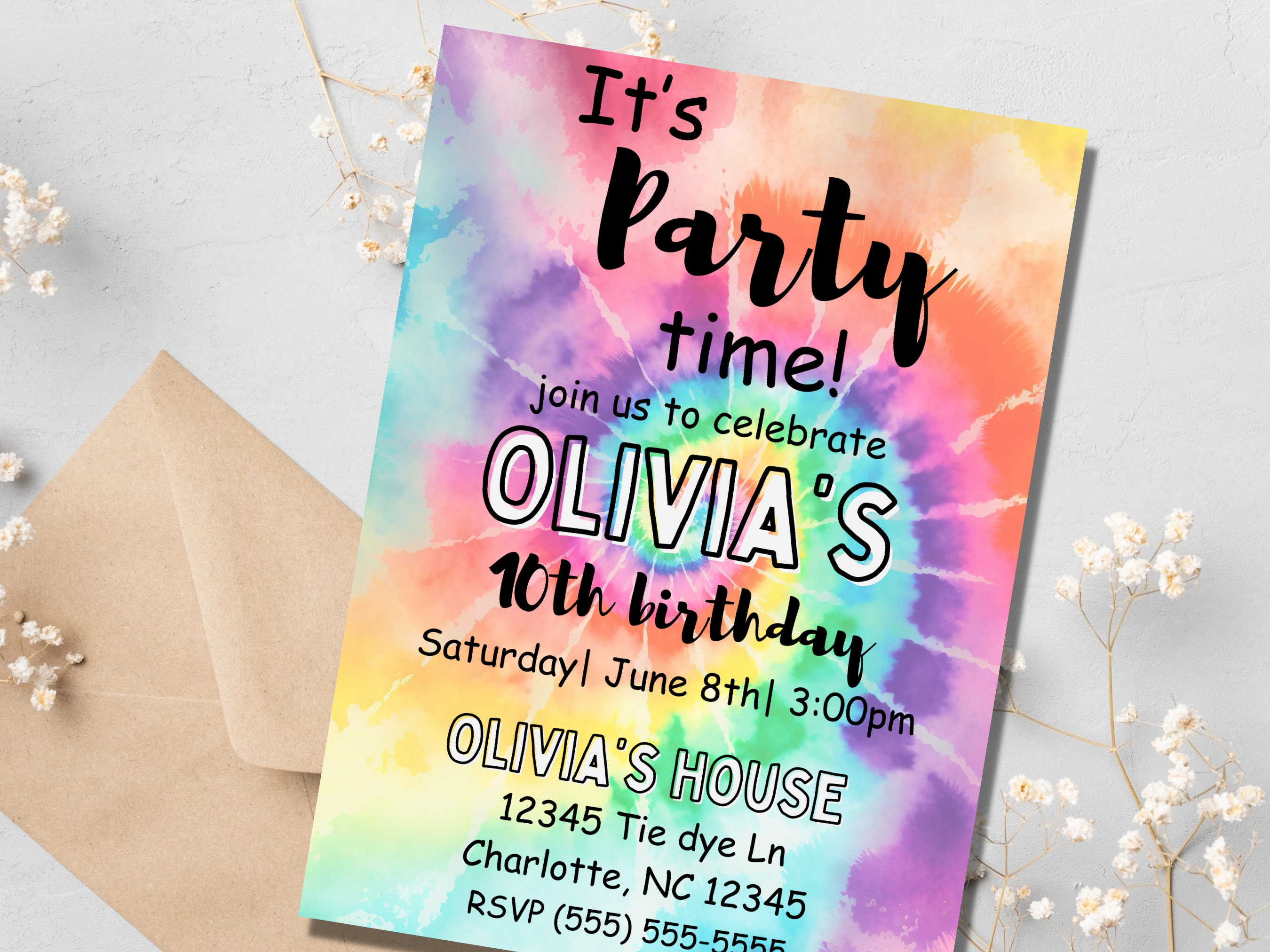 EDITABLE, Tie Dye Party, Tie Dye Birthday Invitation, Rainbow Birthday ...