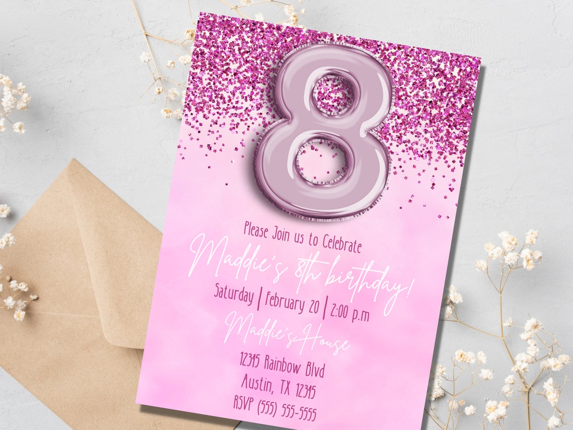 Pink Glitter 8th Birthday Invitation: Editable Canva Template (instant ...