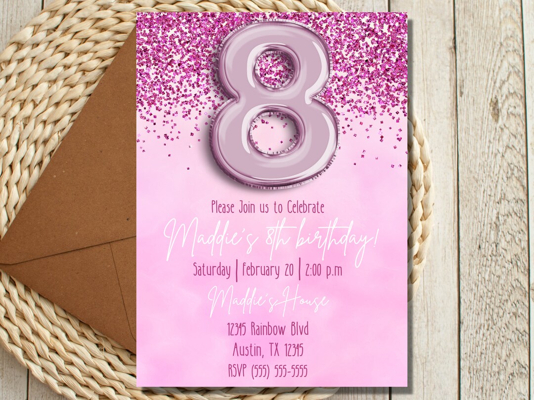 Pink Glitter 8th Birthday Invitation: Editable Canva Template (instant ...