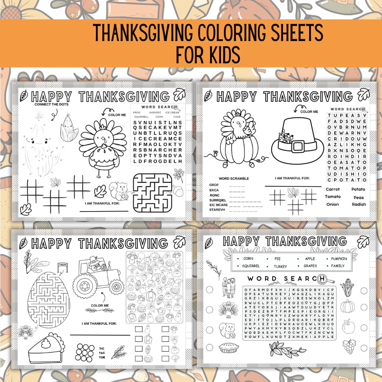 Thanksgiving Coloring Sheets, Printable Placemat, Activity Mat, Fall ...