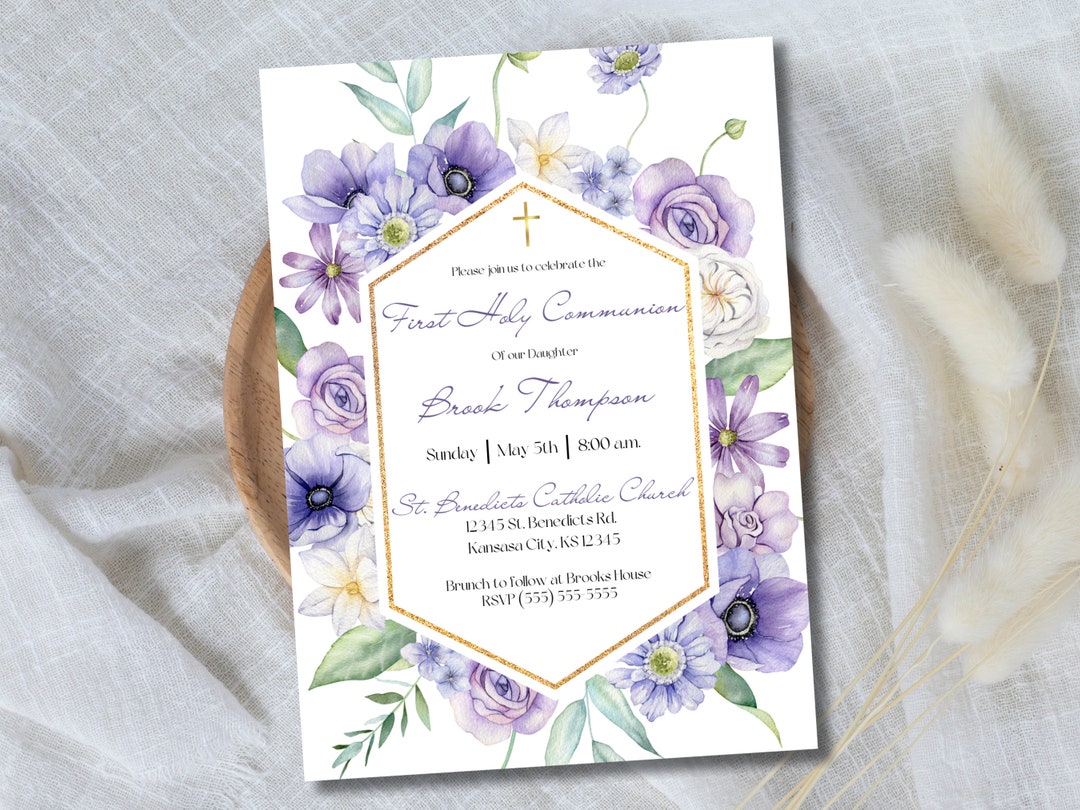 Purple Floral First Holy Communion Invitation, First Holy Communion ...