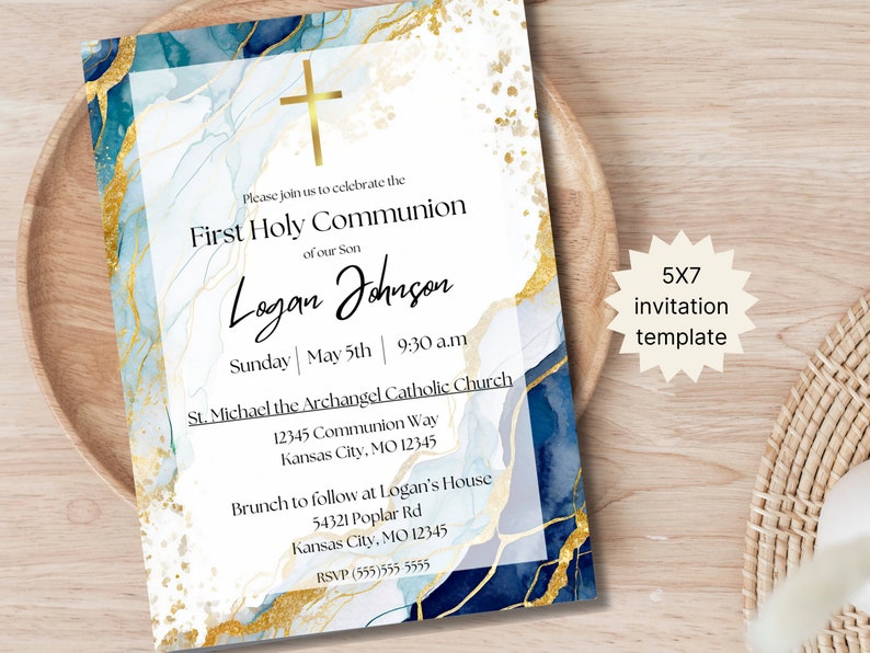 Blue and Gold First Holy Communion Invite, First Holy Communion ...