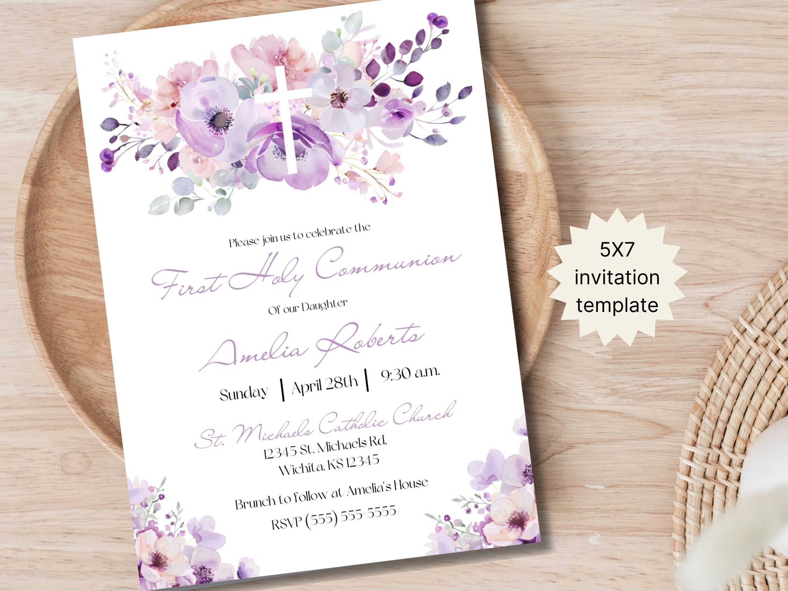 Purple Floral First Holy Communion Invitation, First Holy Communion ...