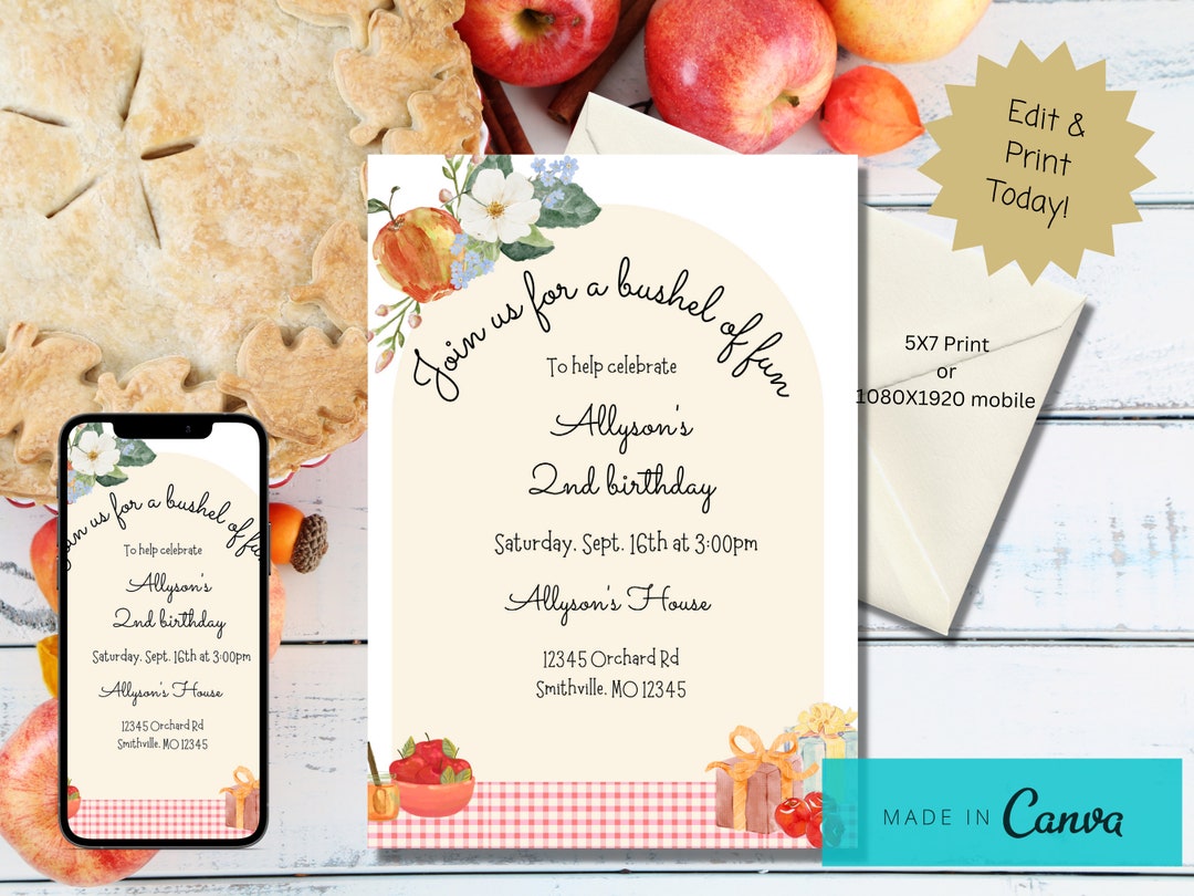 Apple Birthday Invitation: Floral Fall Party Invite (editable Canva ...