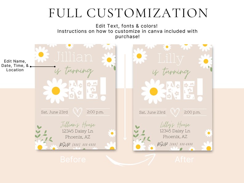 Boho Floral Daisy Girl 1st Birthday Invitation (canva Template) - Etsy