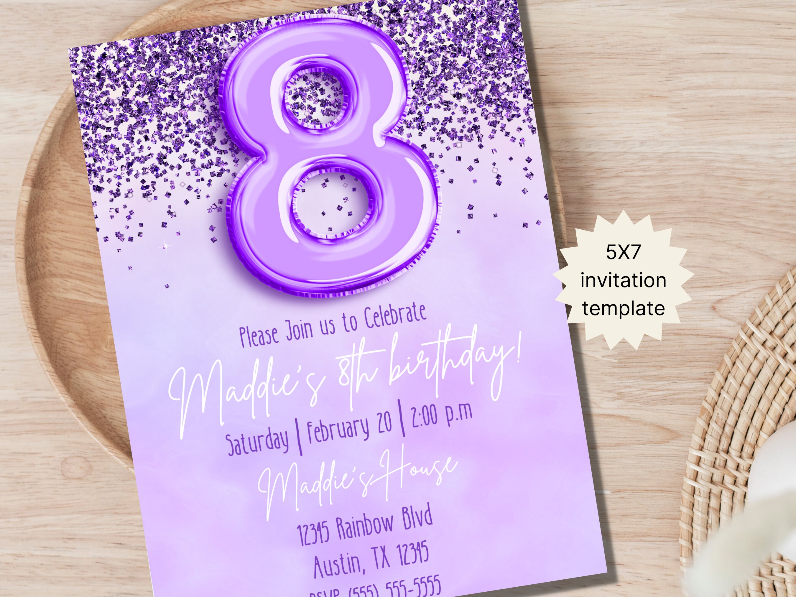 Purple Glitter 8th Birthday Invitation: Editable Canva Template ...