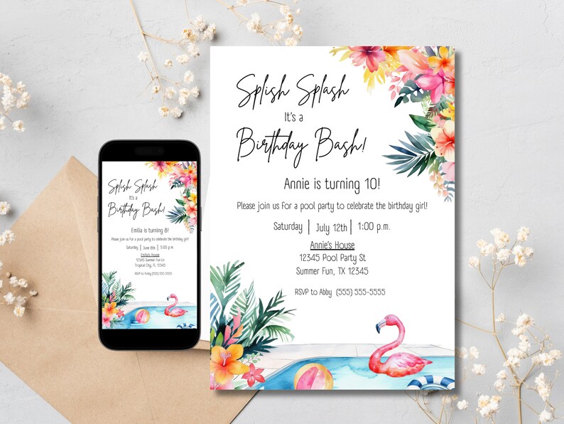 Tropical Pool Party Birthday Invitation, Pool Party Flamingo Invitation ...