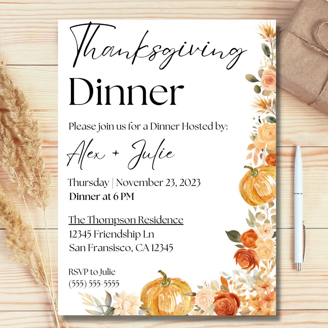 Editable Floral Thanksgiving Dinner Invitation Template (canva) - Etsy