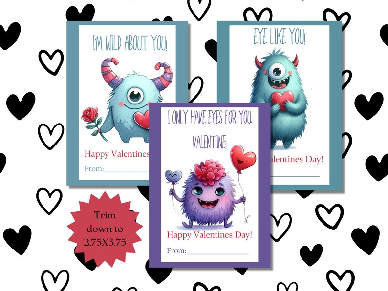 Monster Valentines Day Cards: Kids Classroom Set (printable) - Etsy