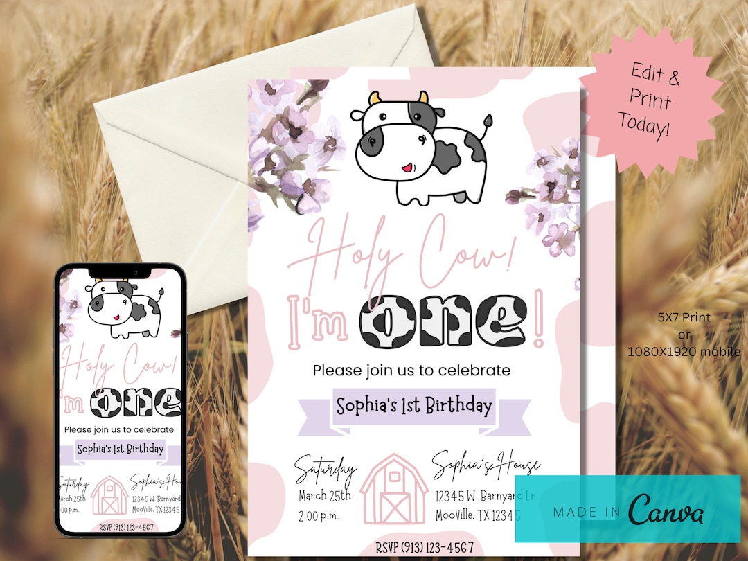 Cow First Birthday Invitation Girl Cow Birthday Invitation - Etsy