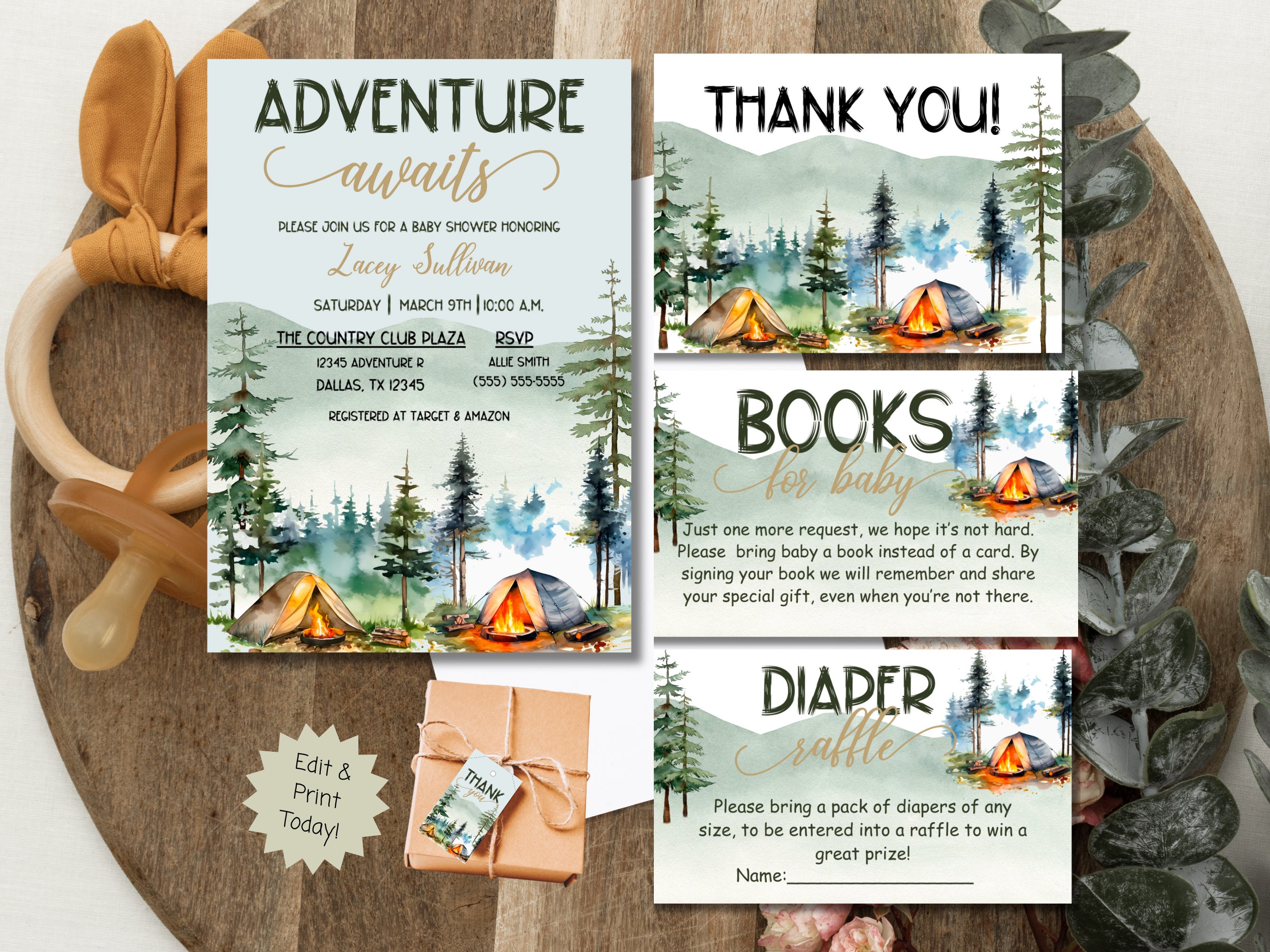 Adventure Awaits Baby Shower Invitation Bundle: Woodland Mountain Theme ...