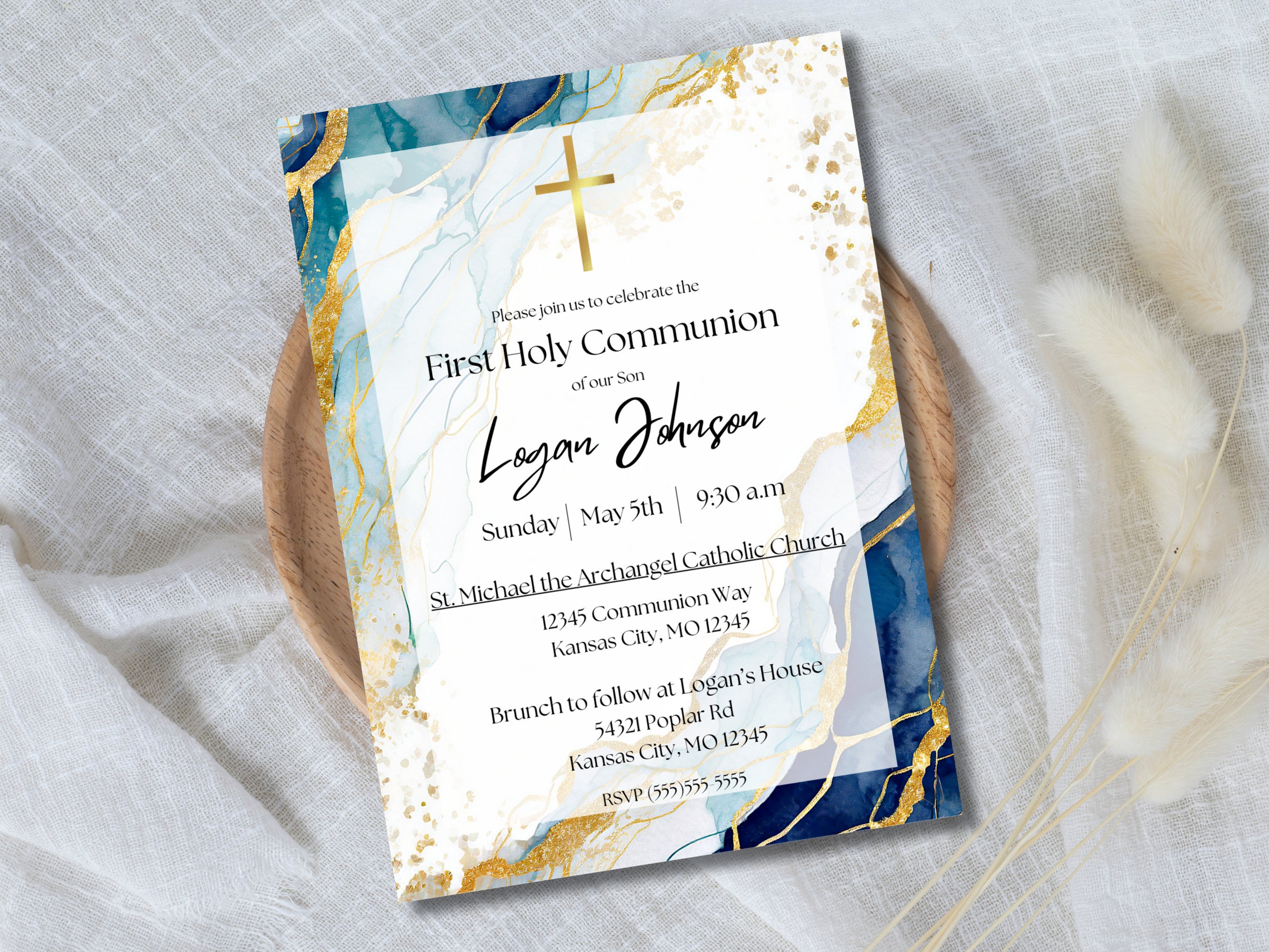 Blue and Gold First Holy Communion Invite, First Holy Communion ...