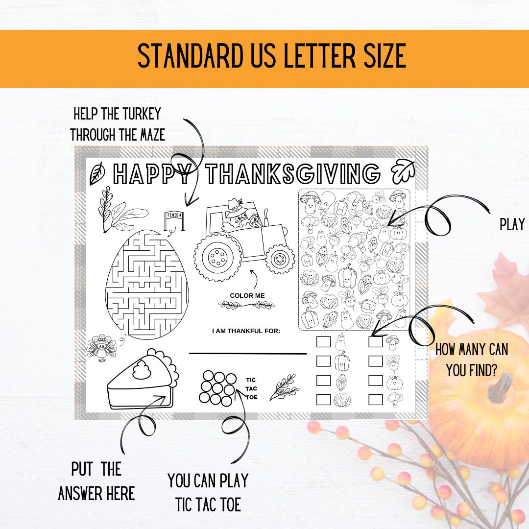 Thanksgiving Coloring Sheets, Printable Placemat, Activity Mat, Fall ...