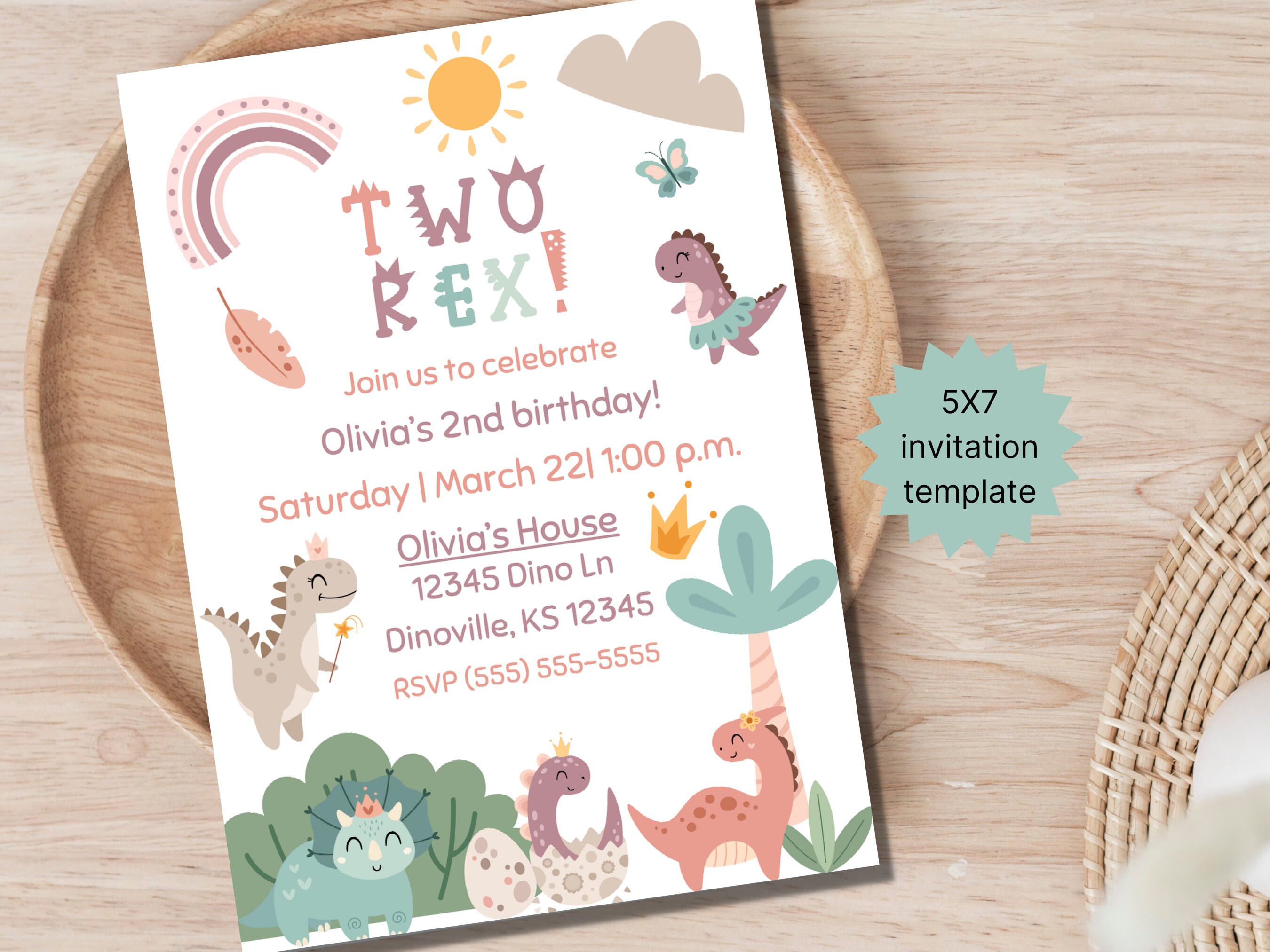 Two Rex Dinosaur Birthday Invitation Girl: Pink Dino Party (5x7 ...