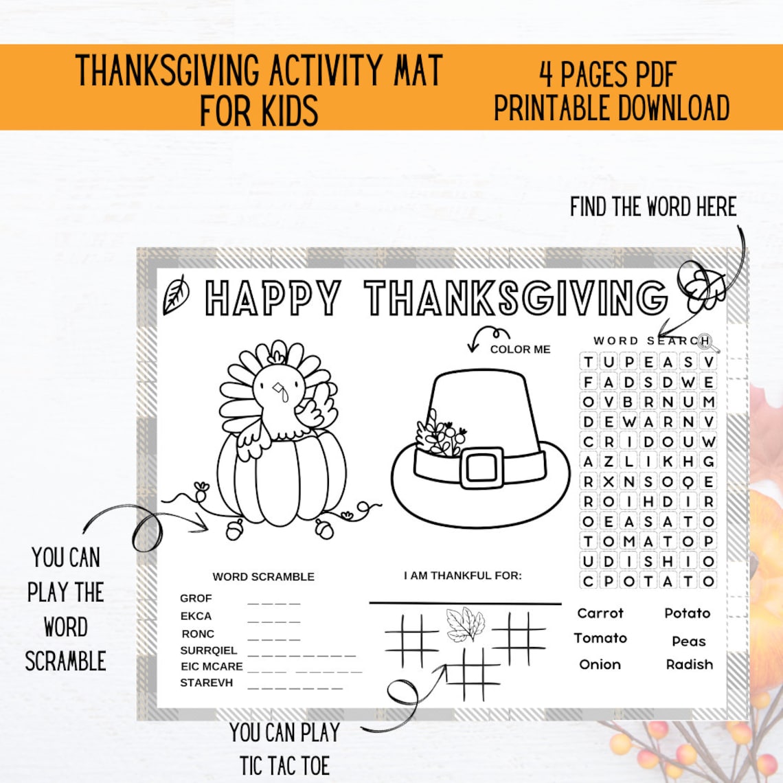 Thanksgiving Coloring Sheets, Printable Placemat, Activity Mat, Fall ...