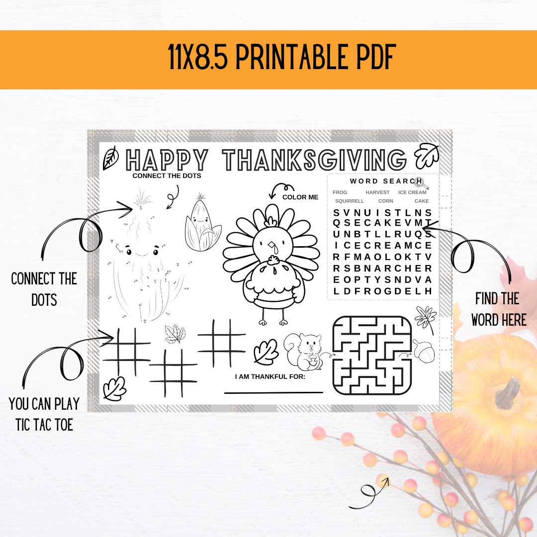 Thanksgiving Coloring Sheets, Printable Placemat, Activity Mat, Fall ...
